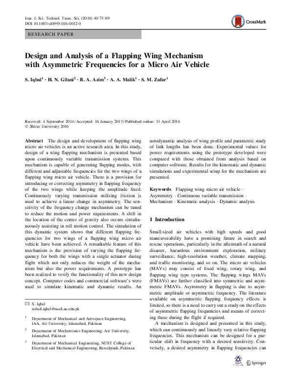 (PDF) Design and Analysis of a Flapping Wing Mechanism with Asymmetric ...