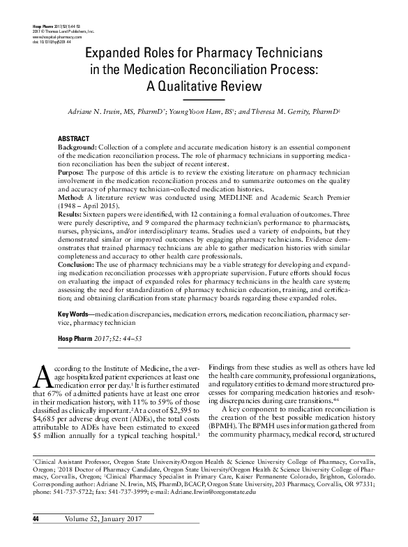 (PDF) Expanded Roles for Pharmacy Technicians in the Medication Reconciliation Process: A ...