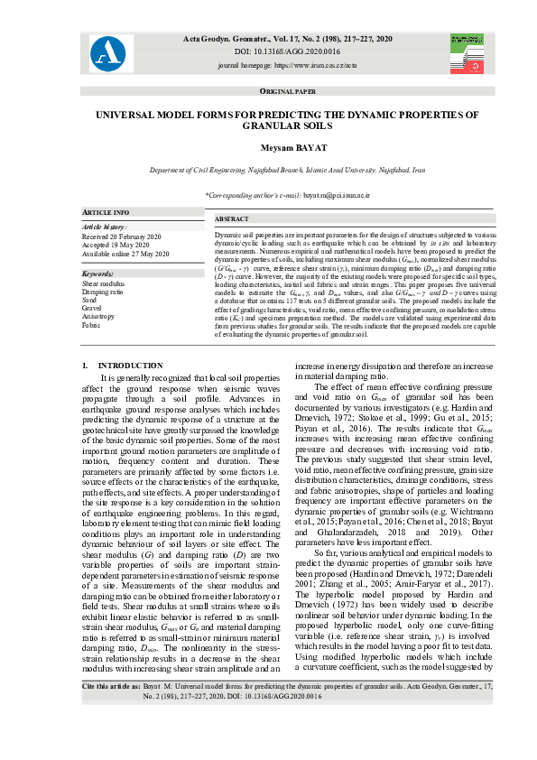 (PDF) Universal model forms for predicting the dynamic properties of granular soils