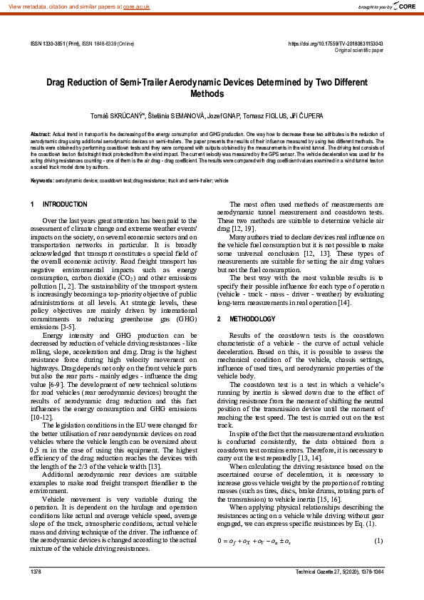 (PDF) Drag Reduction of Semi-Trailer Aerodynamic Devices Determined by Two Different Methods
