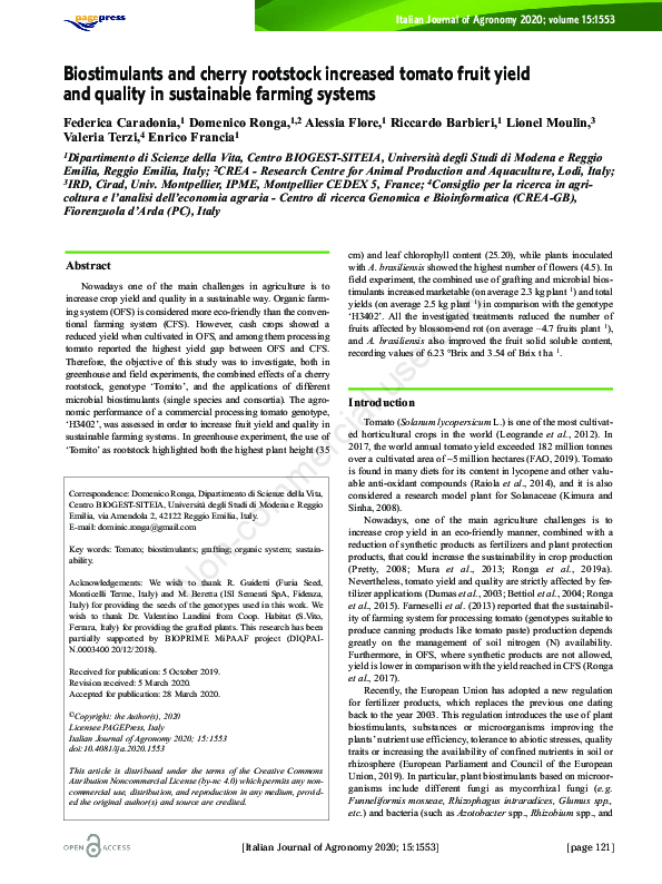 (PDF) Biostimulants and cherry rootstock increased tomato fruit yield and quality in sustainable ...