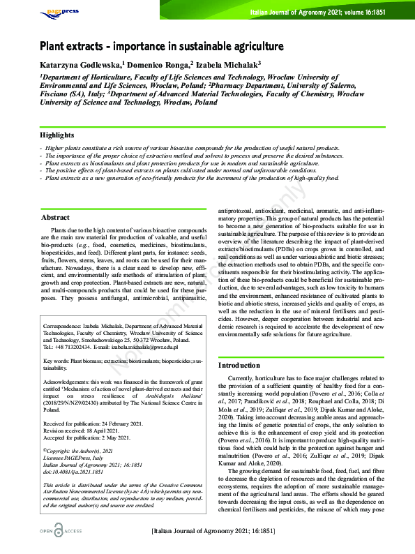 (PDF) Plant extracts - importance in sustainable agriculture