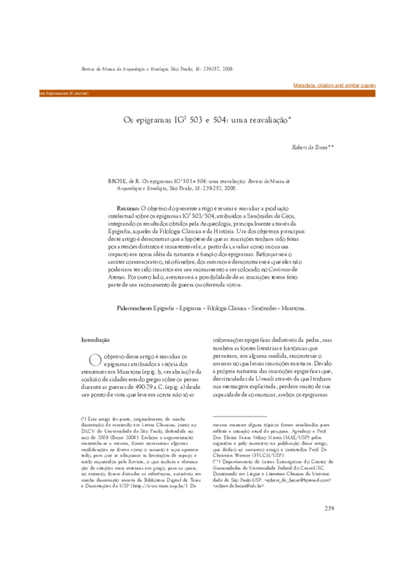 (PDF) The Epigrams IG3 503 and 504: a reappraisal | Robert de Brose ...
