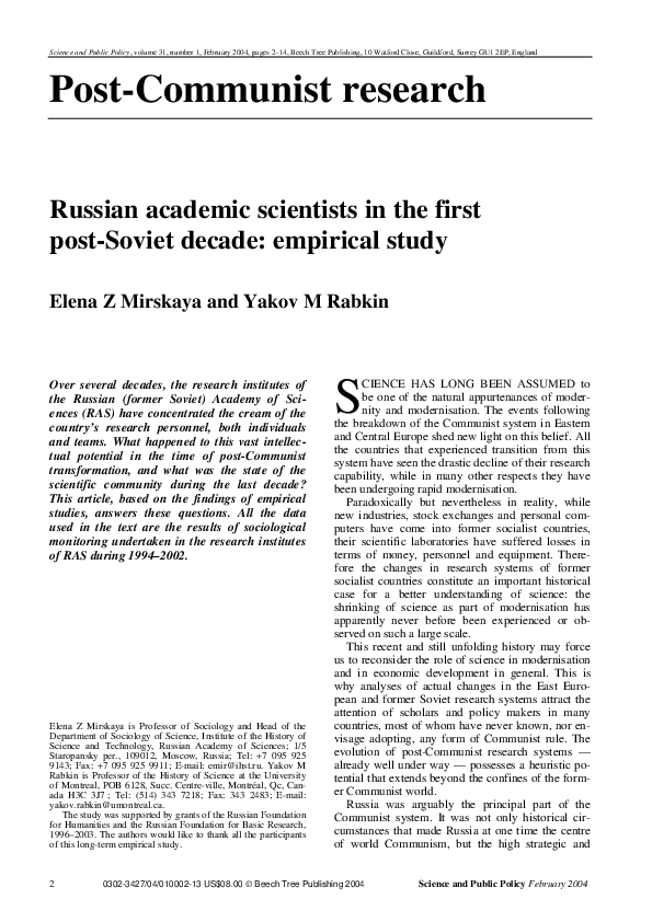 (PDF) Russian academic scientists in the first post-Soviet decade ...