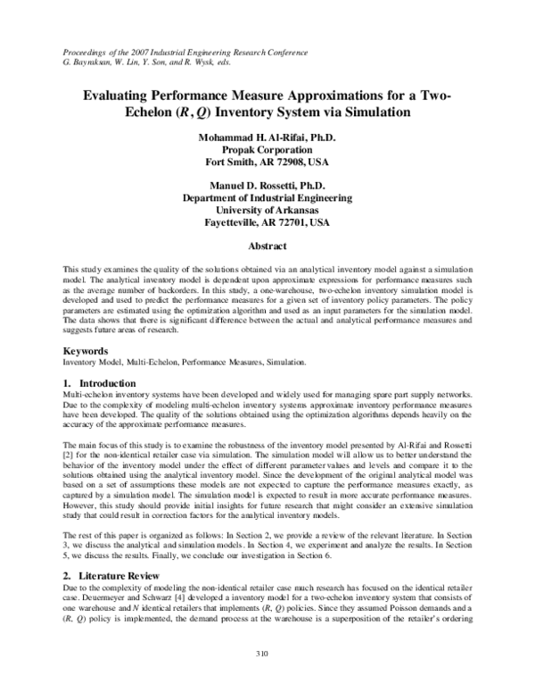 (PDF) Evaluating Performance Measure Approximations for a Two - Echelon ( R , Q ) Inventory ...