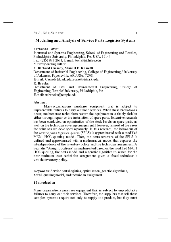 (PDF) Modelling and analysis of service parts logistics systems