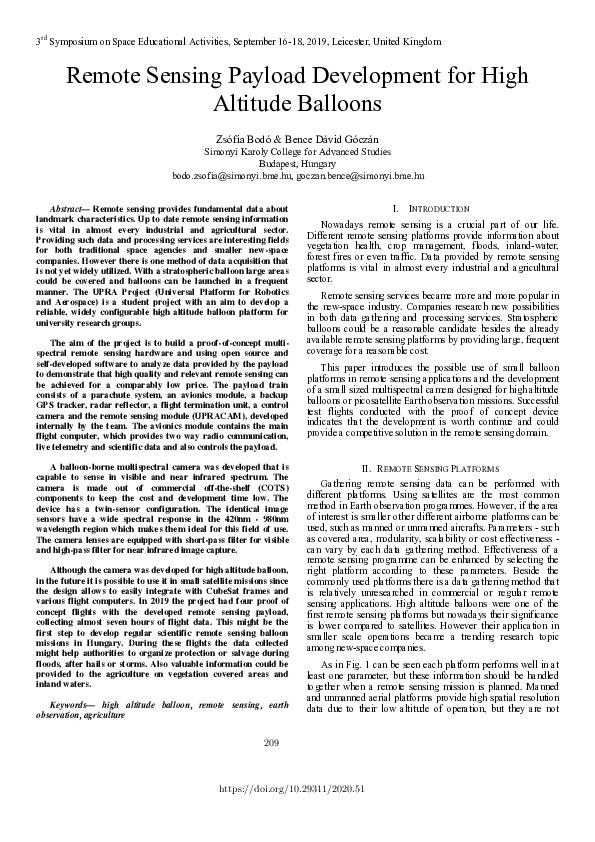 (PDF) Remote Sensing Payload Development for High Altitude Balloons