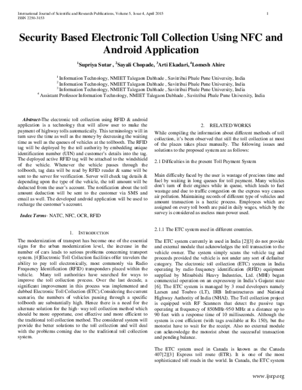 (PDF) Security Based Electronic Toll Collection Using NFC and Android Application