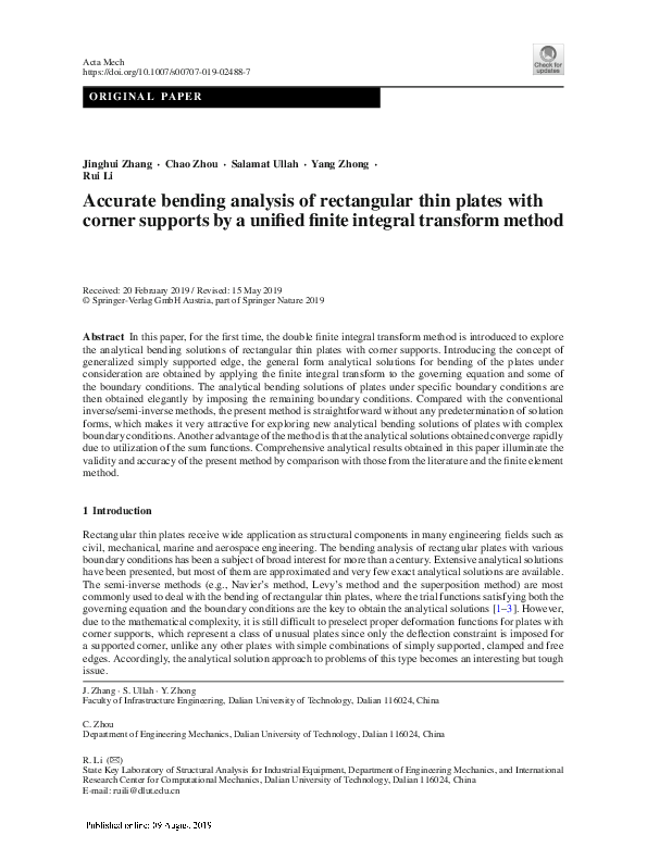 Pdf Accurate Bending Analysis Of Rectangular Thin Plates With Corner Supports By A Unified