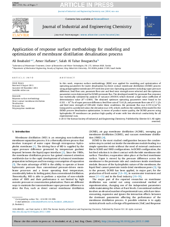 Pdf Application Of Response Surface Methodology For Modeling And Optimization Of Membrane