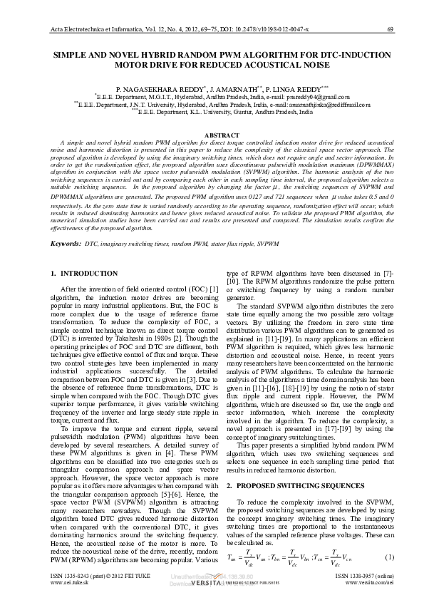 Pdf Simple And Novel Hybrid Random Pwm Algorithm For Dtc Induction Motor Drive For Reduced