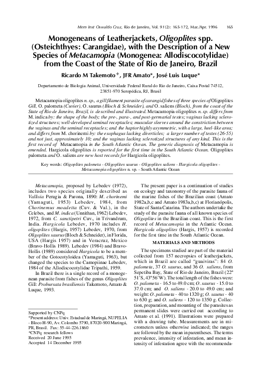 (PDF) Monogeneans of leatherjackets, Oligoplites spp. (Osteichthyes ...