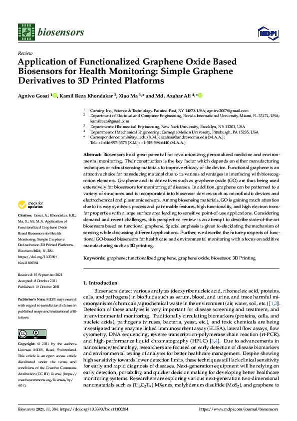Pdf Application Of Functionalized Graphene Oxide Based Biosensors For