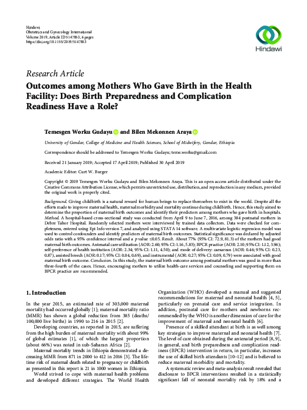 (PDF) Outcomes among Mothers Who Gave Birth in the Health Facility ...