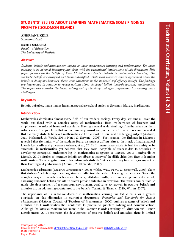 (PDF) Students' beliefs about learning mathematics: Some findings from ...