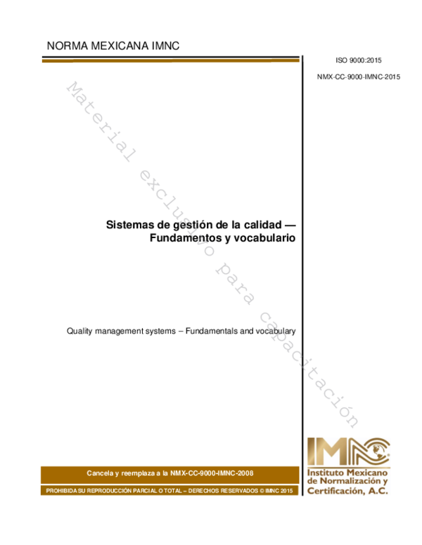 (PDF) NORMA MEXICANA IMNC Sistemas de gestión de la calidad -Fundamentos y vocabulario Cancela y ...