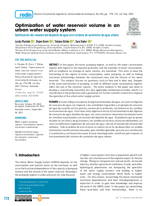 (PDF) Optimization of water reservoir volume in an urban water supply ...