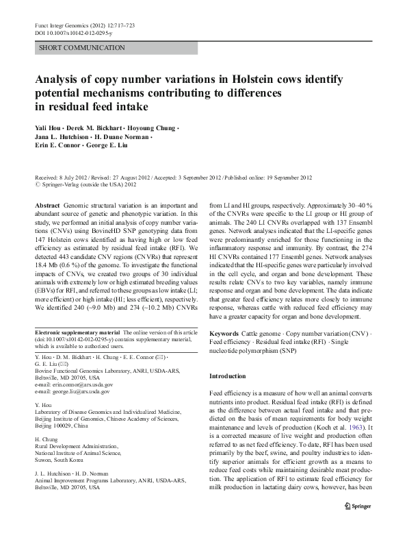 Pdf Analysis Of Copy Number Variations In Holstein Cows Identify