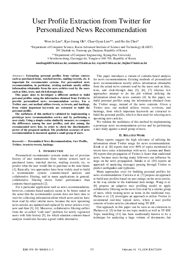 (PDF) User profile extraction from Twitter for personalized news ...