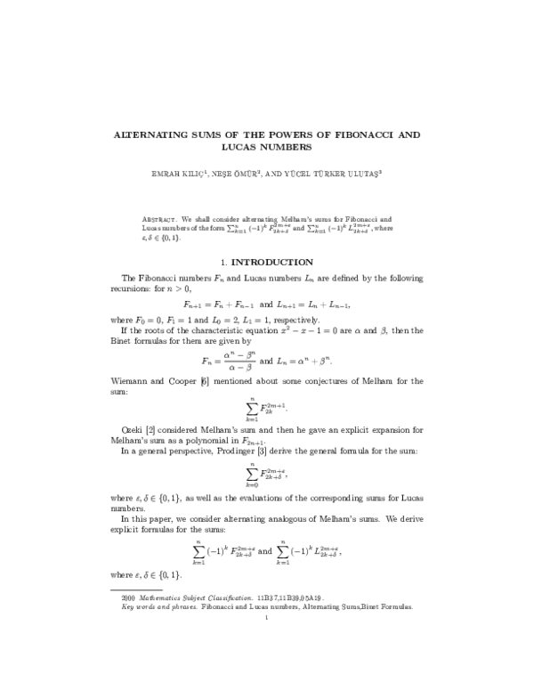Pdf Alternating Sums Of The Powers Of Fibonacci And Lucas Numbers