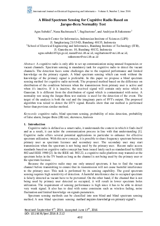 Pdf A Blind Spectrum Sensing For Cognitive Radio Based On Jarque Bera Normality Test Agus