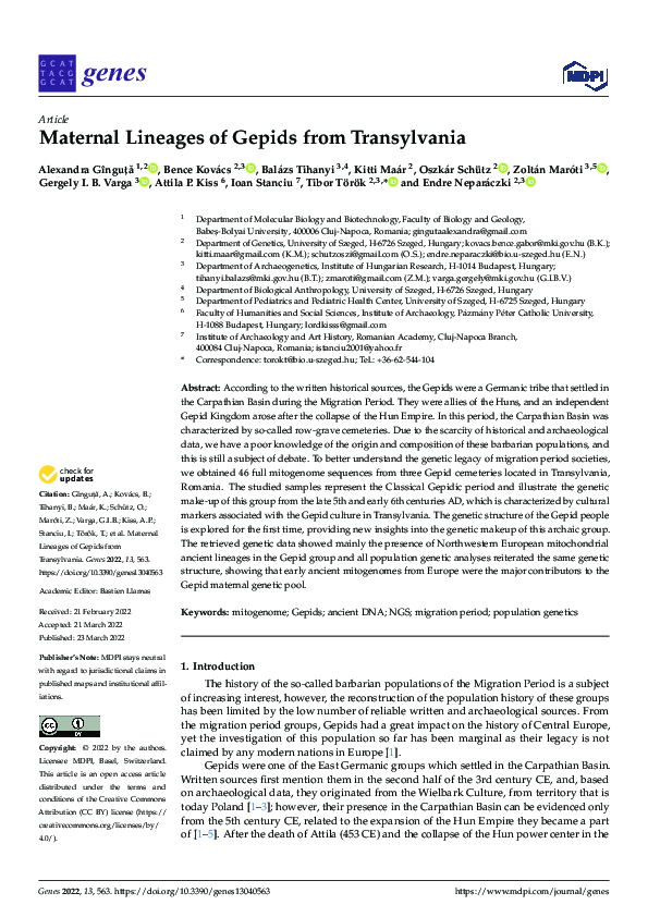 (PDF) Maternal Lineages of Gepids from Transylvania