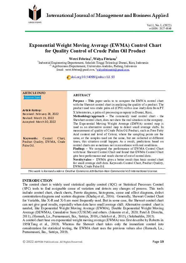 Pdf Exponential Weight Moving Average Ewma Control Chart For Quality Control Of Crude Palm