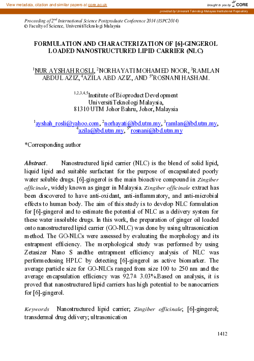 (PDF) Formulation and characterization of [6]-gingerol loaded nanostructured lipid carrier (NLC ...