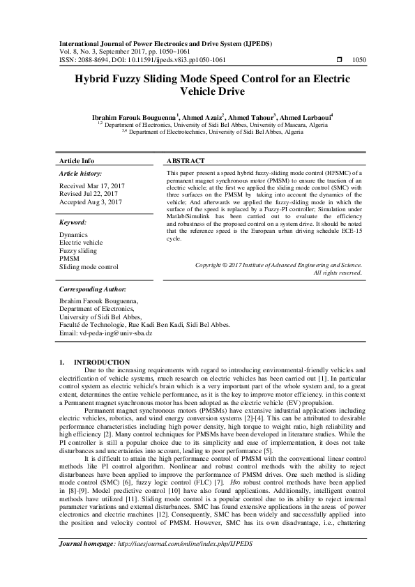 (PDF) Hybrid Fuzzy Sliding Mode Speed Control for an Electric Vehicle Drive