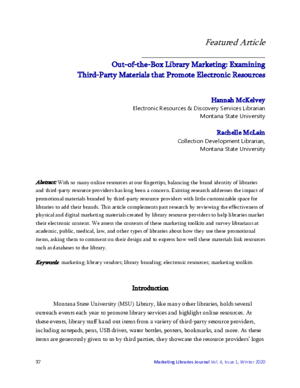 (PDF) Out-of-the-Box Library Marketing: Examining Third-Party Materials that Promote Electronic ...