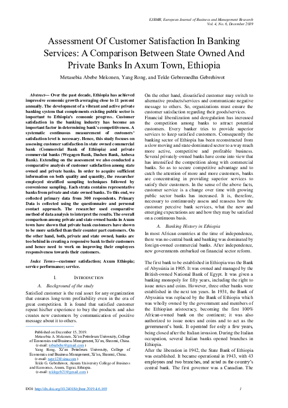 (PDF) Assessment Of Customer Satisfaction In Banking Services: A Comparison Between State Owned ...