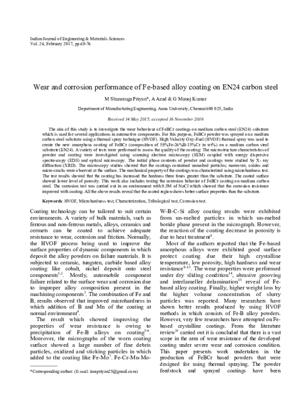 (PDF) Wear and corrosion performance of Fe-based alloy coating on EN24 ...