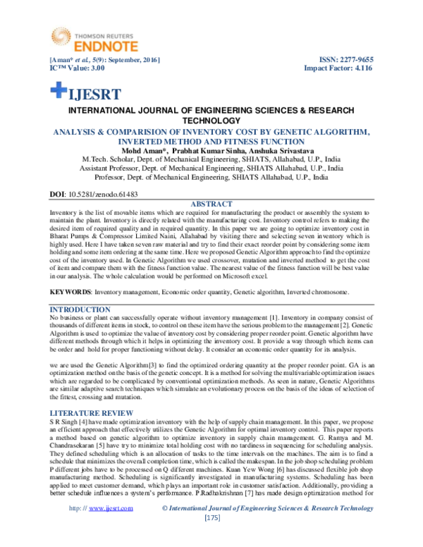 (PDF) Ijesrt Analysis & Comparision of Inventory Cost by Genetic Algorithm, Inverted Method and ...