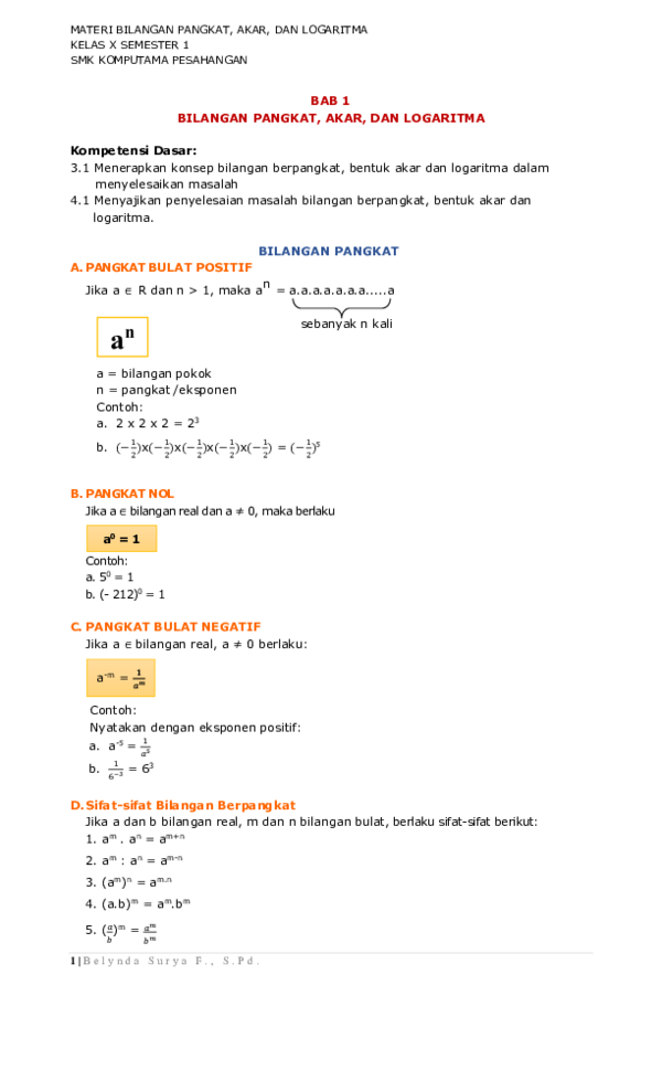 (PDF) MATERI BILANGAN PANGKAT, AKAR, DAN LOGARITMA KELAS X SEMESTER 1 ...