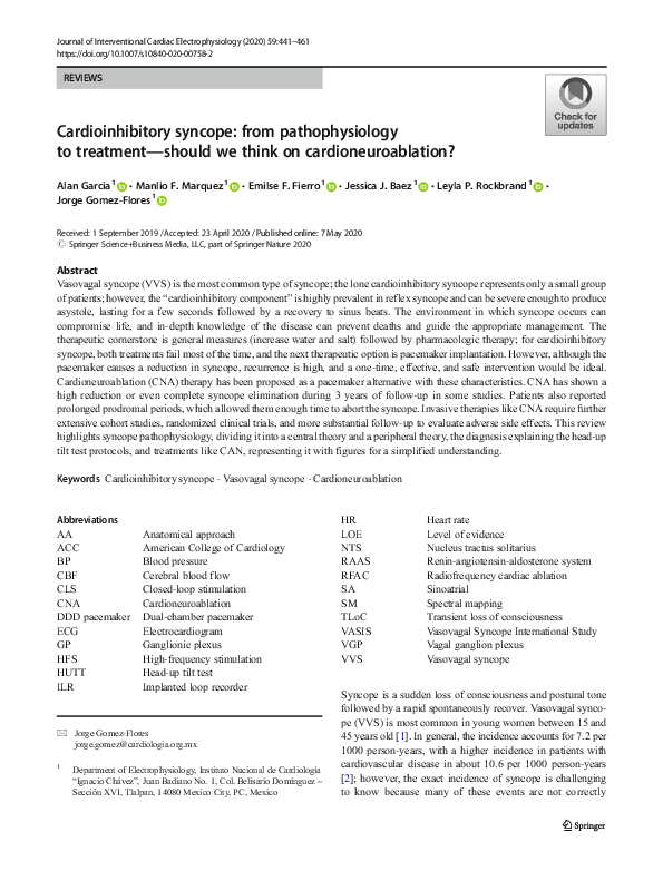 (PDF) Cardioinhibitory syncope: from pathophysiology to treatment—should we think on ...