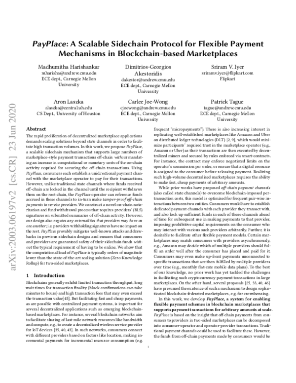 (PDF) PayPlace: A Scalable Sidechain Protocol for Flexible Payment Mechanisms in Blockchain ...