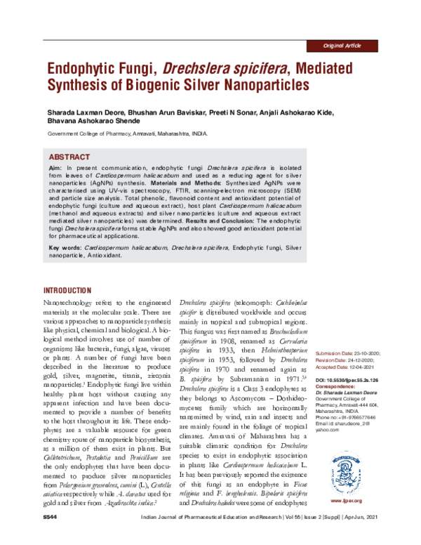 (PDF) Endophytic Fungi, Drechslera spicifera, Mediated Synthesis of Biogenic Silver Nanoparticles