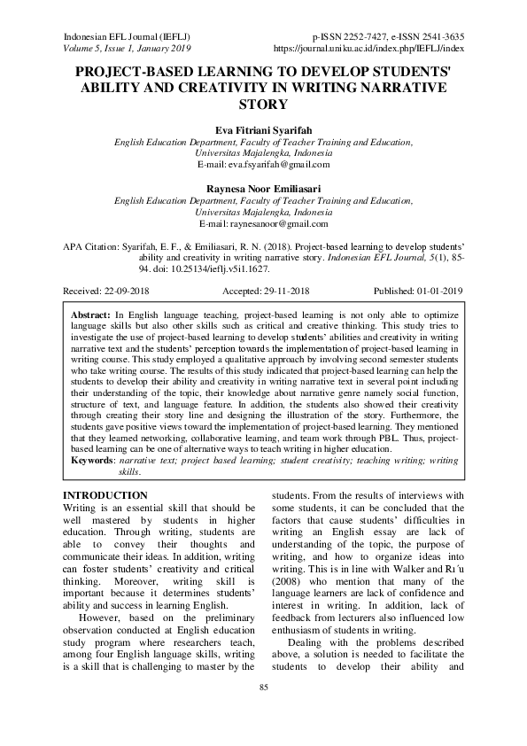 (PDF) Project-Based Learning to Develop Students' Ability and Creativity in Writing Narrative Story