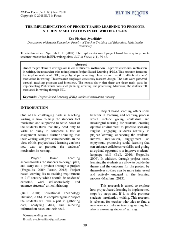(PDF) The Implementation of Project Based Learning to Promote Students’ Motivation in Efl ...