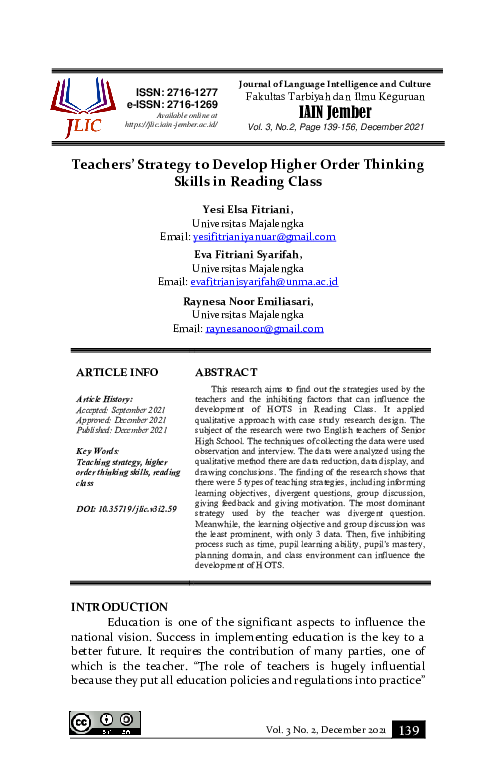 (PDF) Teachers’ Strategy to Develop Higher Order Thinking Skills in ...