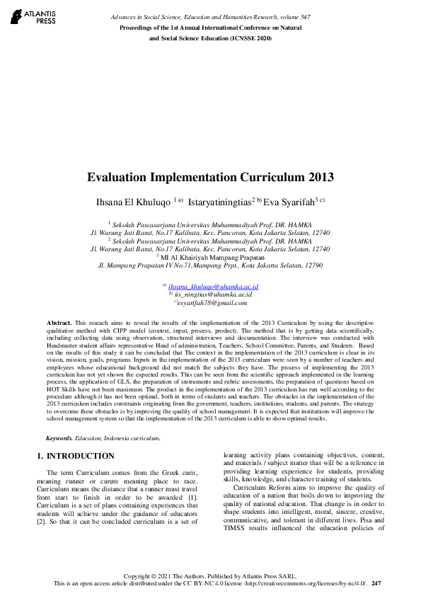 (PDF) Evaluation Implementation Curriculum 2013