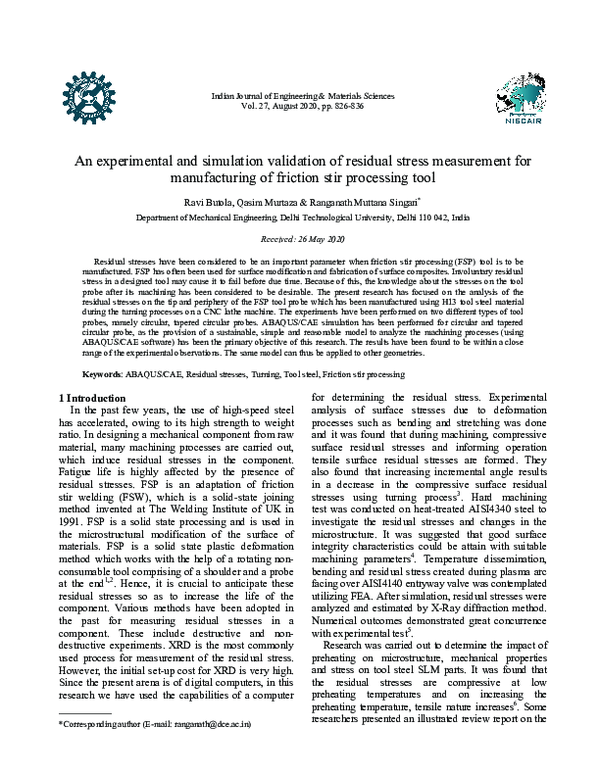 Pdf An Experimental And Simulation Validation Of Residual Stress Measurement For Manufacturing