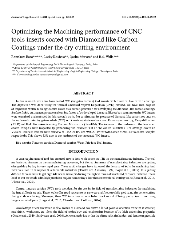 Pdf Optimizing The Machining Performance Of Cnc Tools Inserts Coated With Diamond Like Carbon