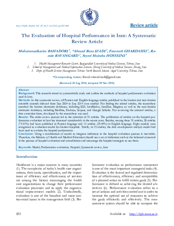 (PDF) The Evaluation of Hospital Performance in Iran: A Systematic ...