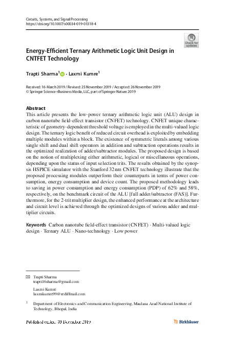 Pdf Energy Efficient Ternary Arithmetic Logic Unit Design In Cntfet Technology