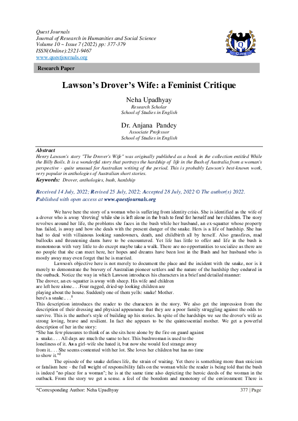 (PDF) Lawson's Drover's Wife: a Feminist Critique