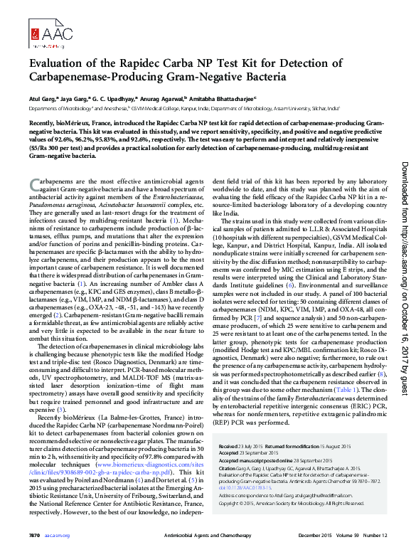 (PDF) Evaluation of the Rapidec Carba NP Test Kit for Detection of ...