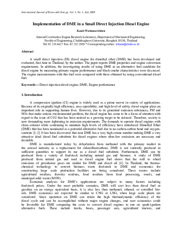 (PDF) Implementation of DME in a Small Direct Injection Diesel Engine