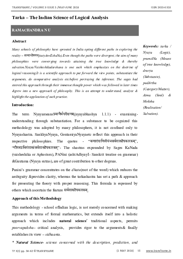(PDF) Tarka - The Indian Science of logical analysis