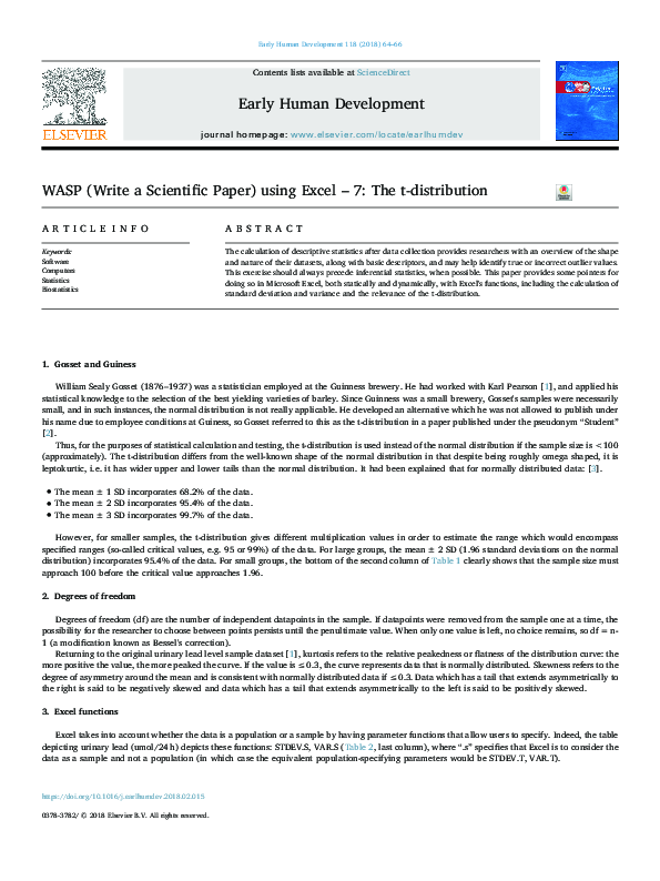(PDF) WASP (Write a Scientific Paper) using Excel - 7: The t-distribution